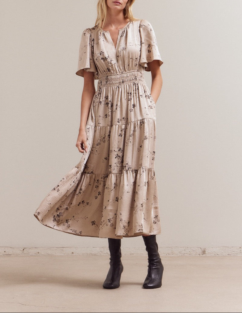 Grade & Gather Natural Floral Print Smocked Waist Midi Dress